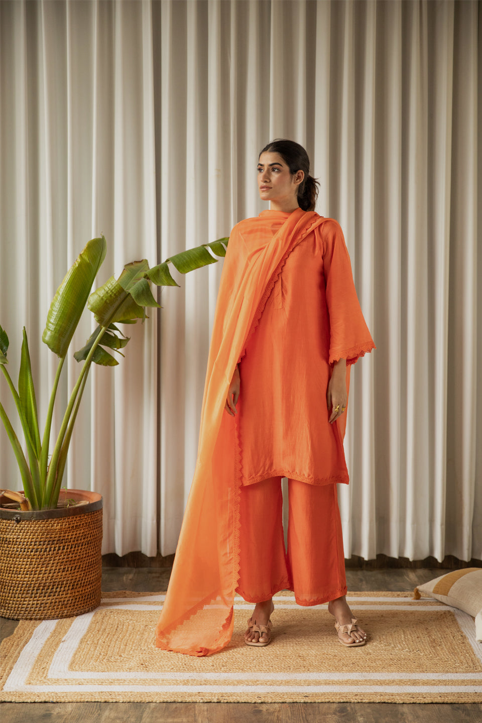 Orange Muslin Tunic Set (Set of Three) | Kapraaha